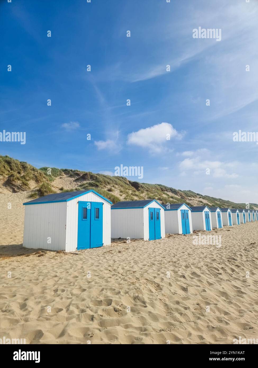 A collection of charming beach huts sits neatly along the sandy shore ...