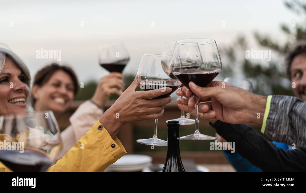 Close up of friends toasting with wine glasses during outdoor ...
