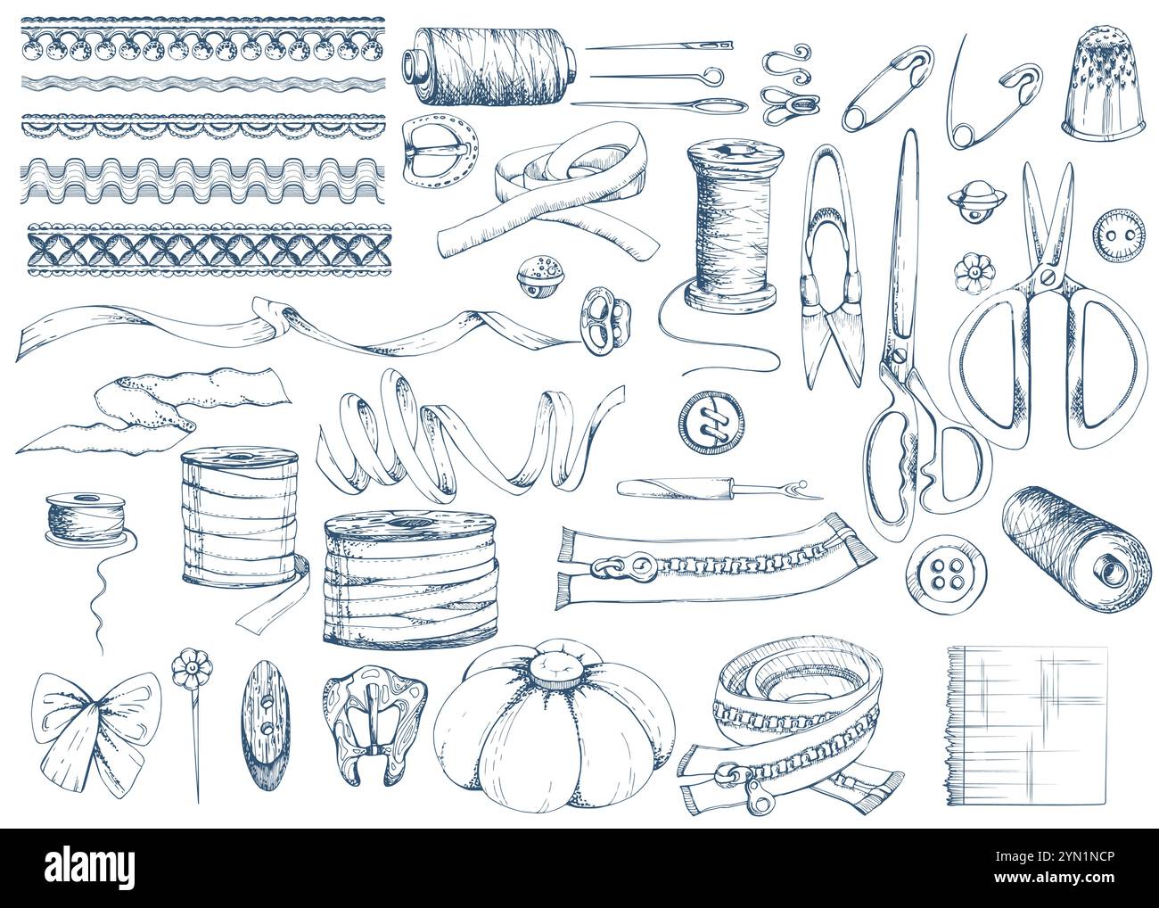 Blue scissors ribbon thread bobbins lace pin cushion buttons thimble ...