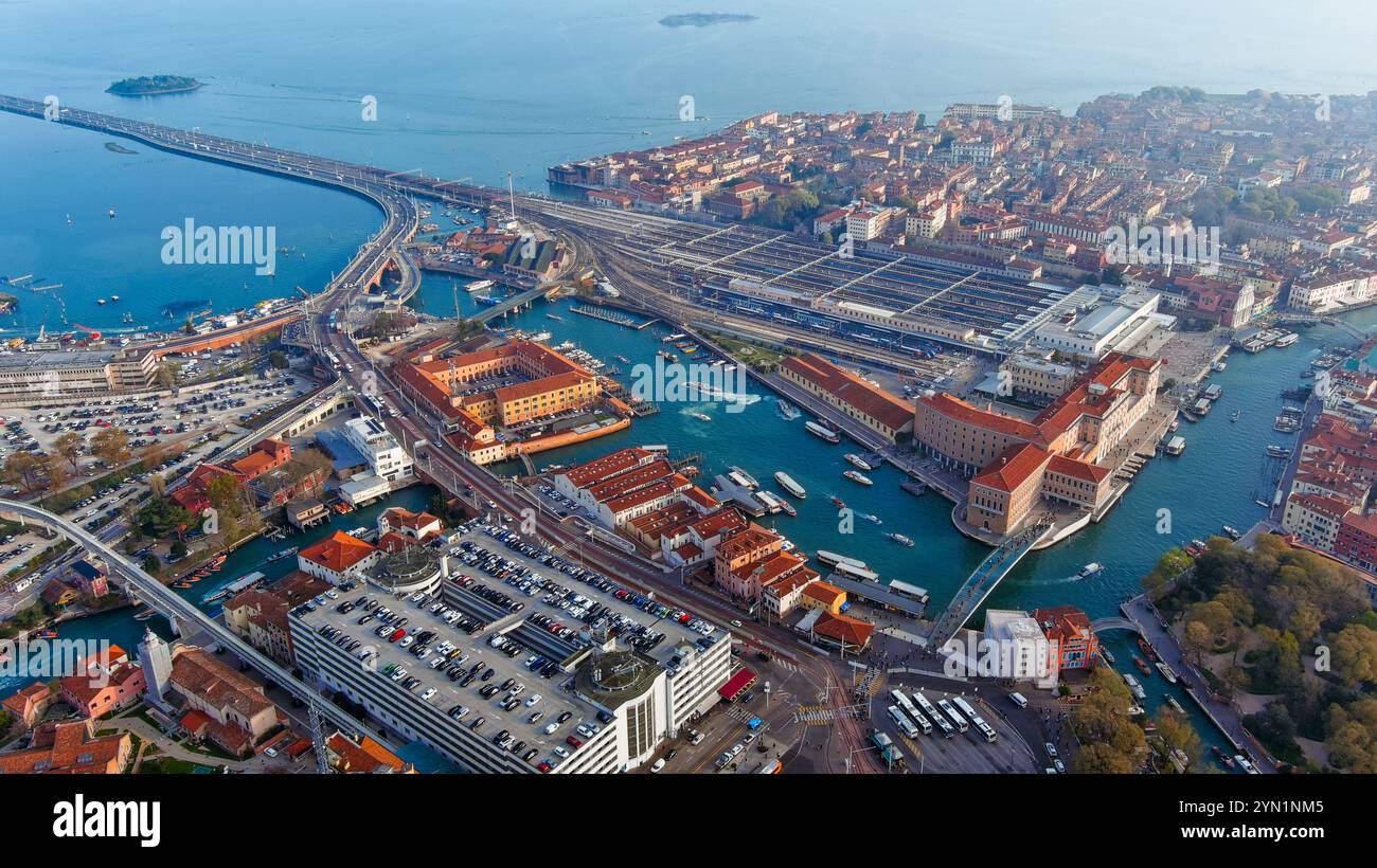 Aerial view of Venice’s Piazzale Roma and train station, capturing the ...