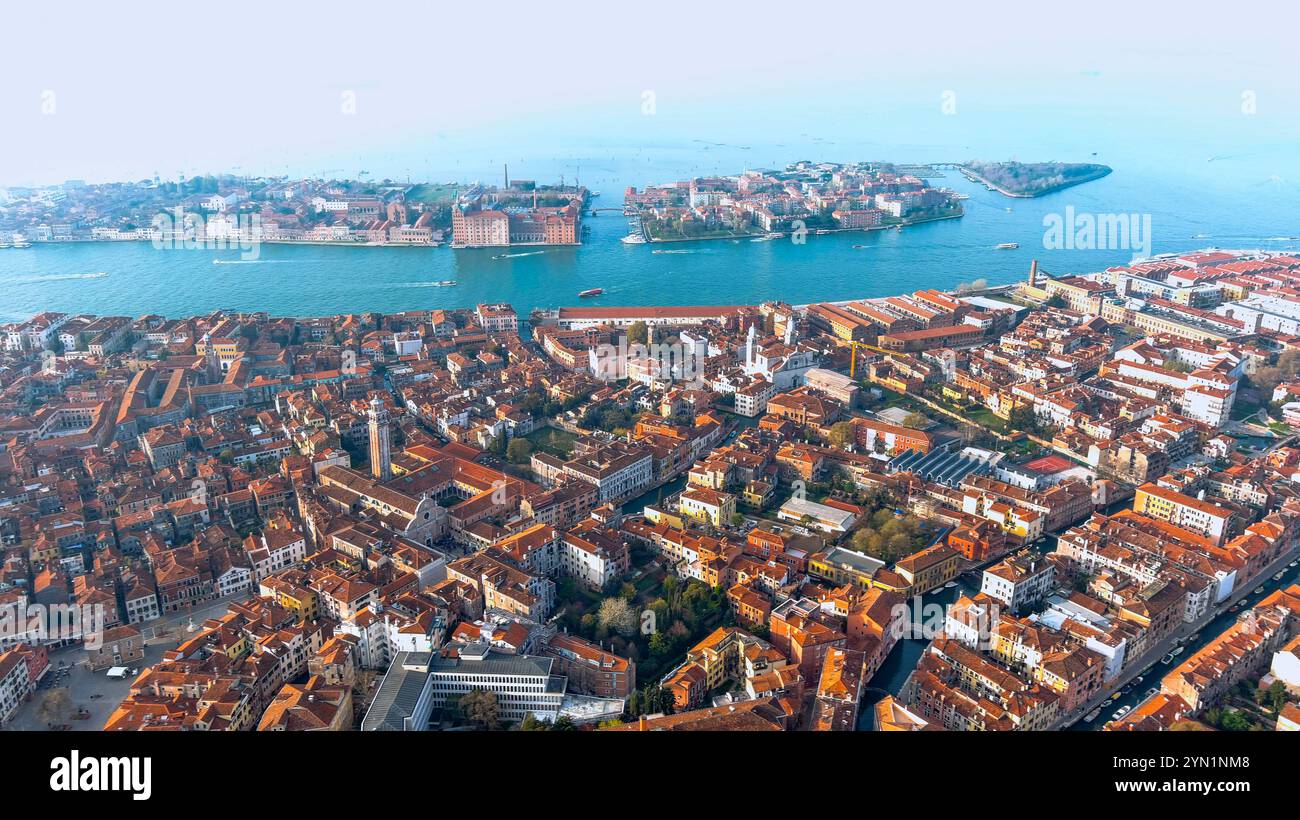 Colorful aerial view of Venice’s lively streets, canals, and vibrant architecture, capturing the ...