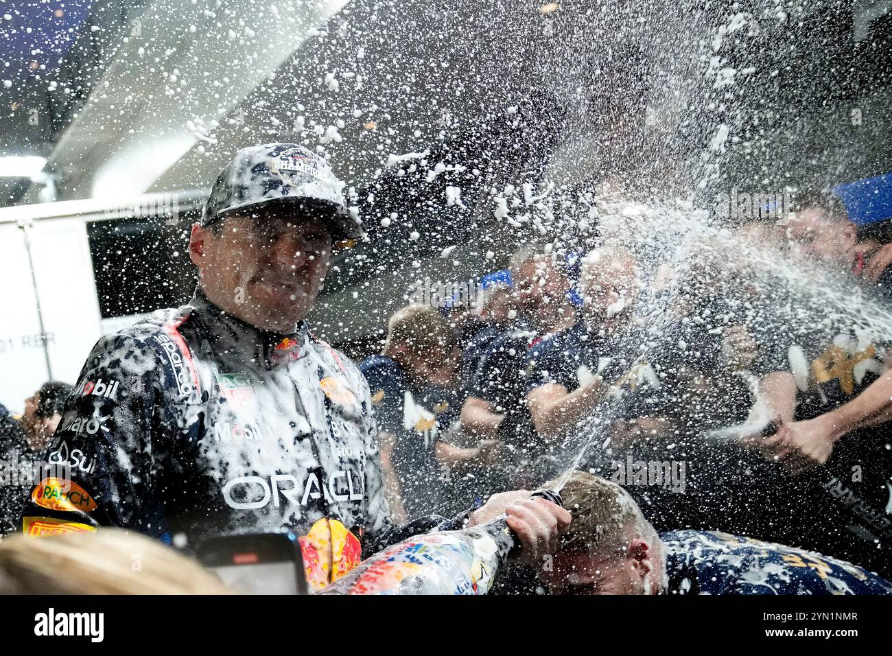 Red Bull driver Max Verstappen, of the Netherlands, celebrates winning ...