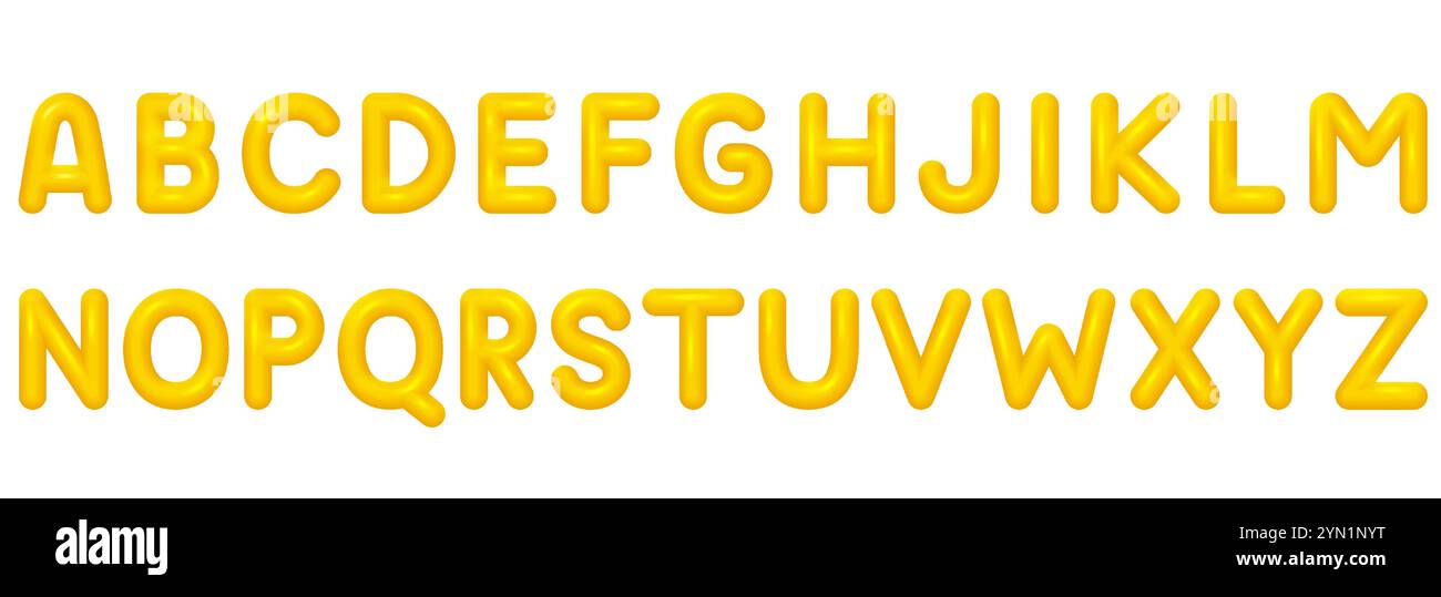 Complete alphabet of yellow 3D letters. Golden glossy inflated font in ...