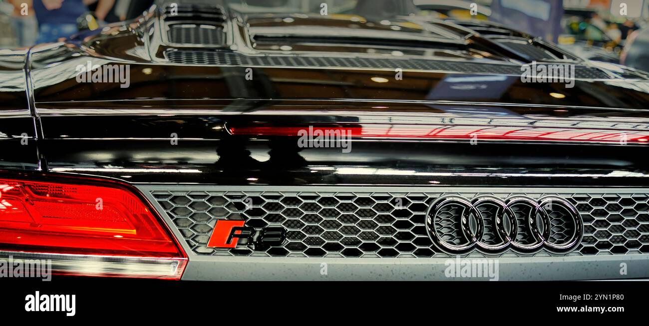 Audi R8 back view of strong modern car with audi rings in Hannover ...