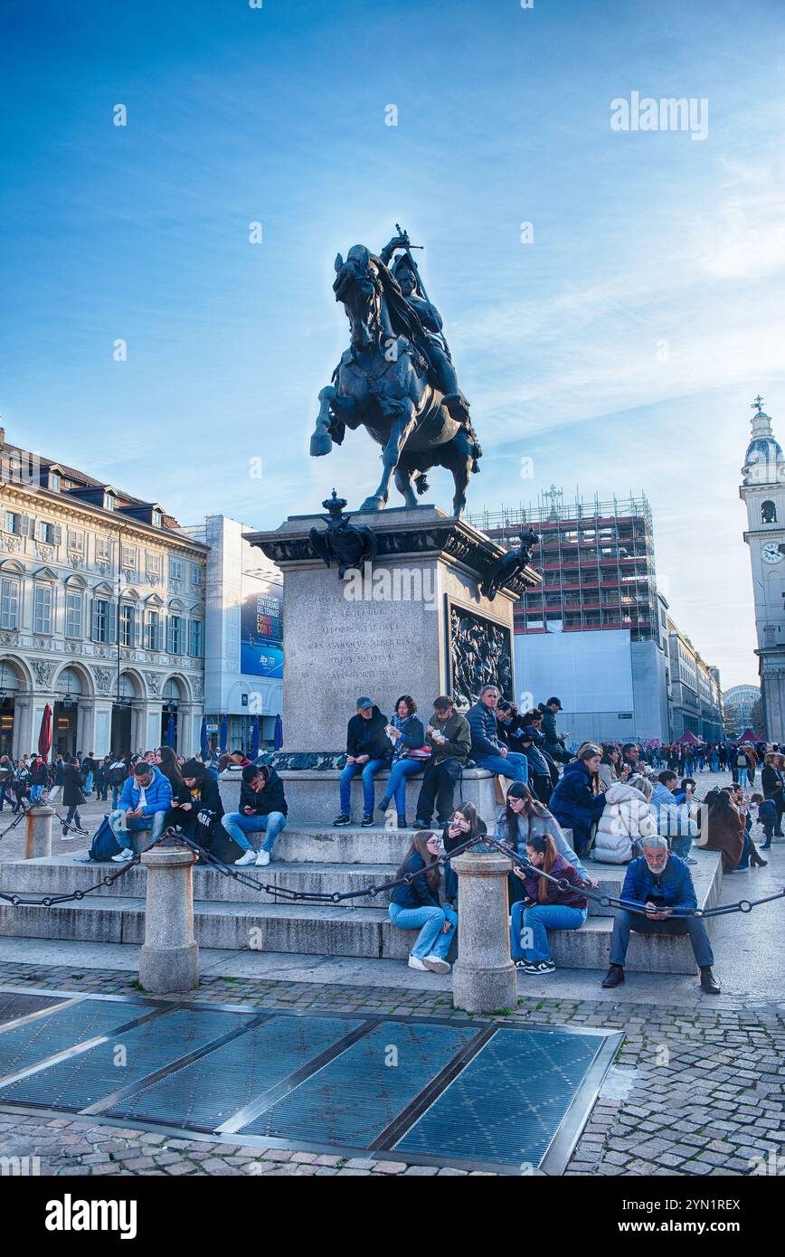 TURIN, ITALY - NOVEMBER 10, 2024: Bronze equestrian statue of duke ...