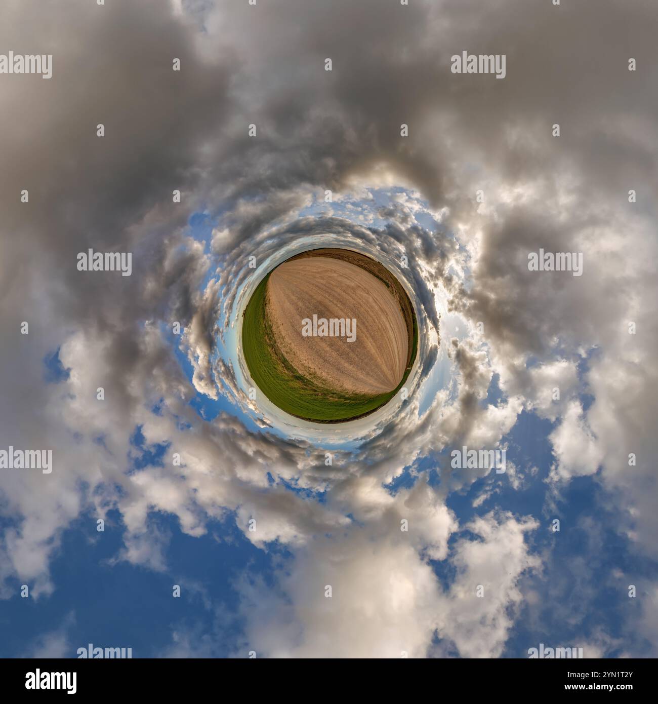 simple little tiny planet without buildings in blue sky with sun and ...