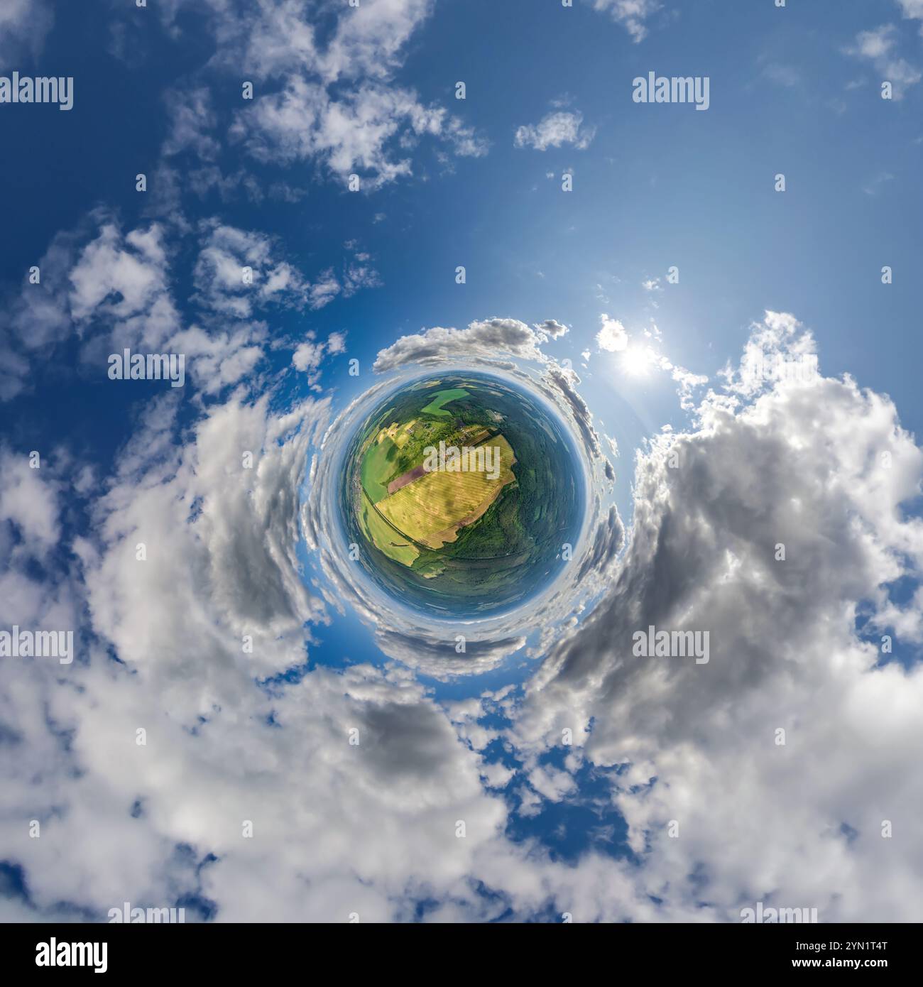 simple little tiny planet without buildings in blue sky with sun and ...