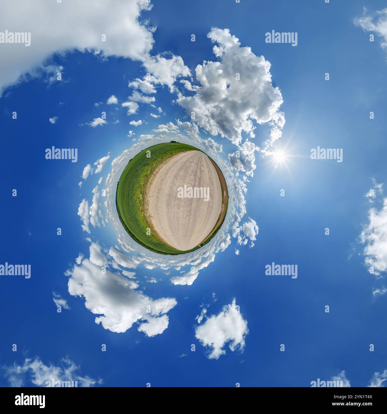 simple little tiny planet without buildings in blue sky with sun and ...
