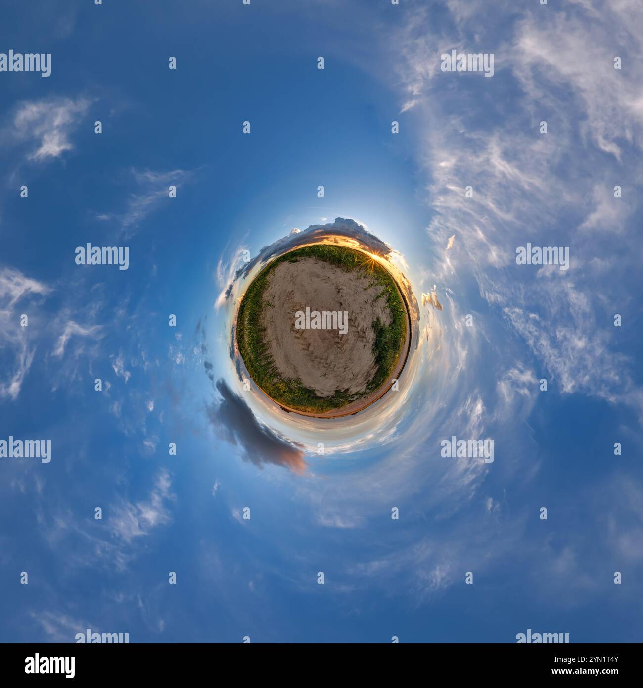 simple little tiny planet without buildings in blue sky with sun and ...