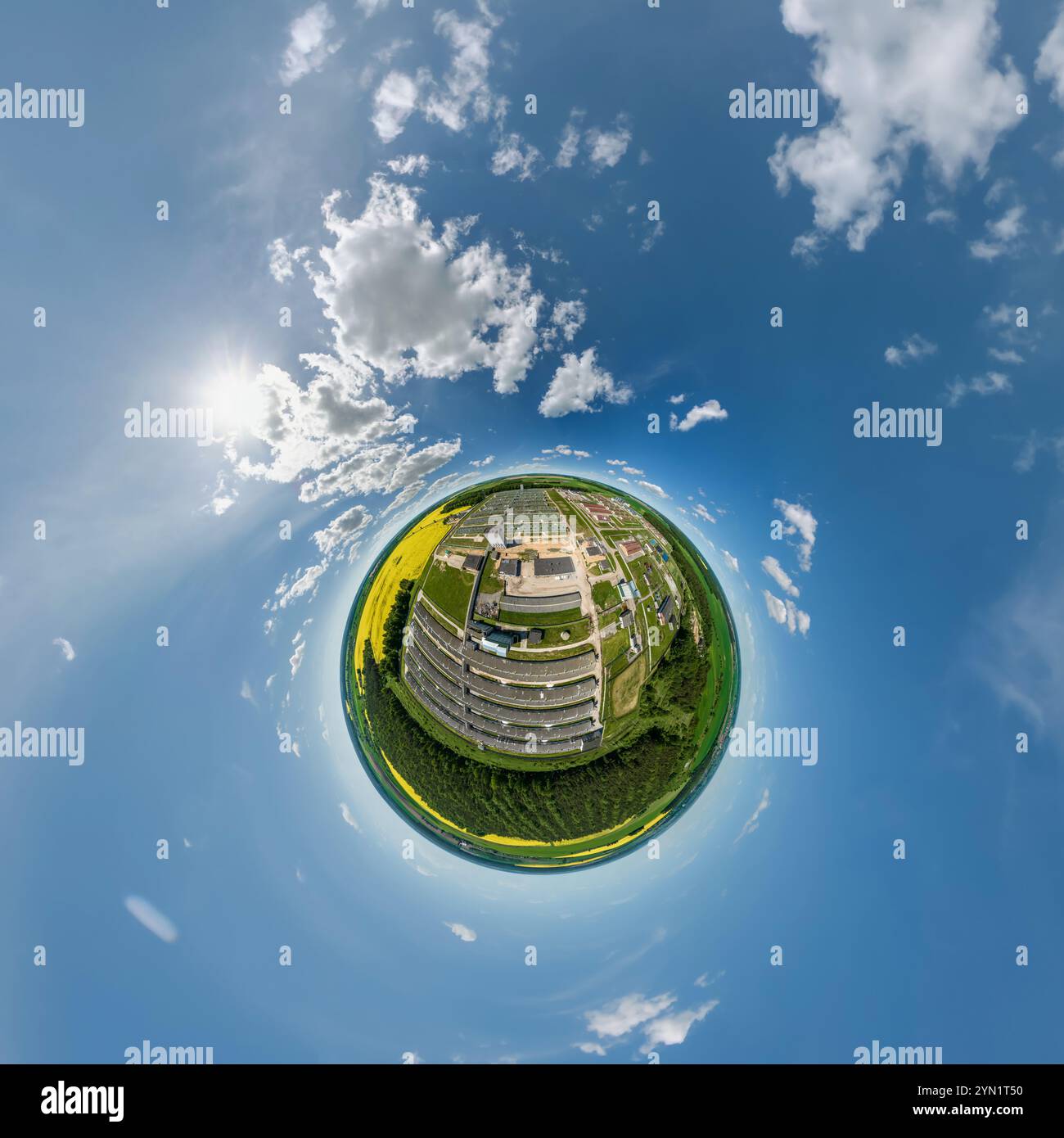 simple little tiny planet without buildings in blue sky with sun and ...