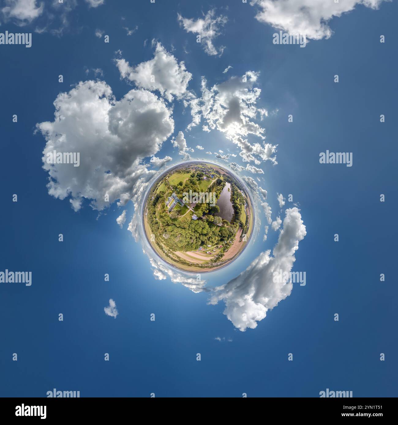simple little tiny planet without buildings in blue sky with sun and ...