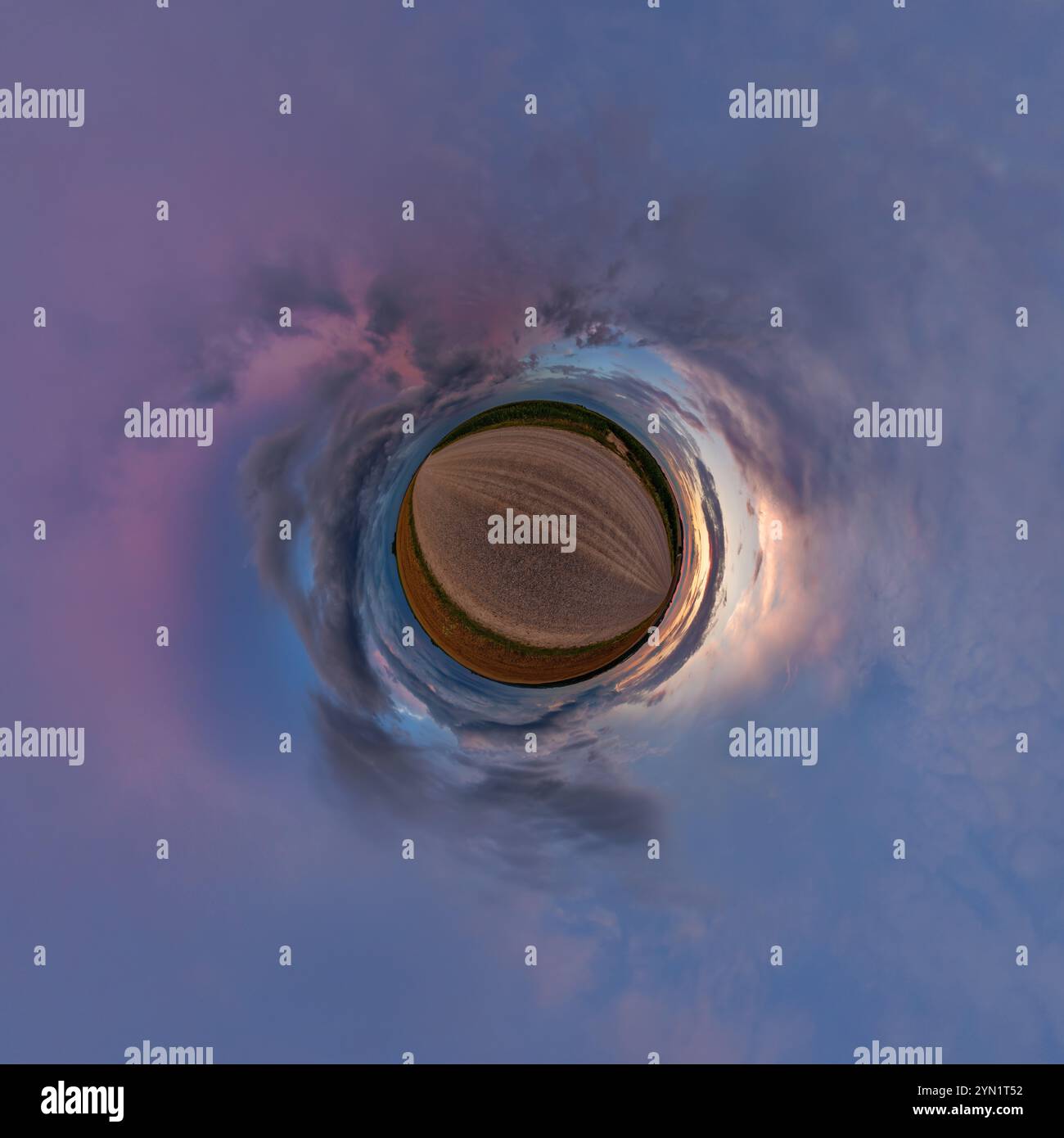 simple little tiny planet without buildings in blue sky with sun and ...