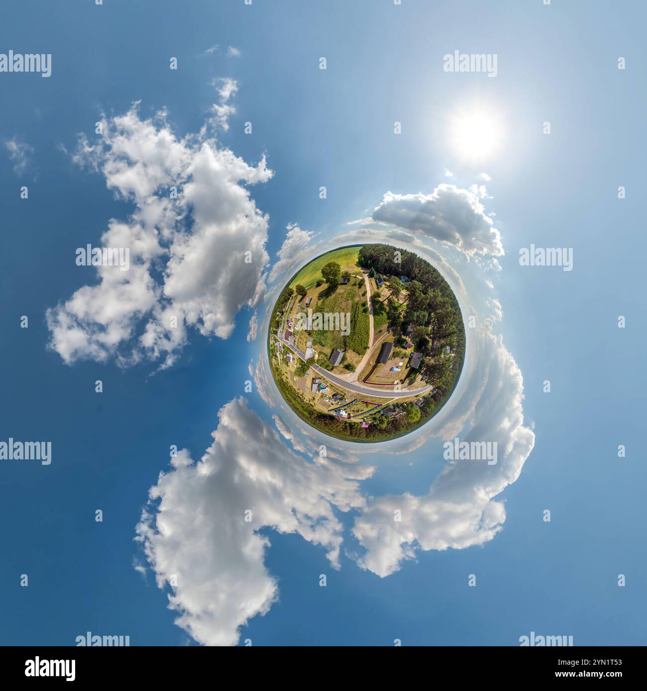 simple little tiny planet without buildings in blue sky with sun and ...