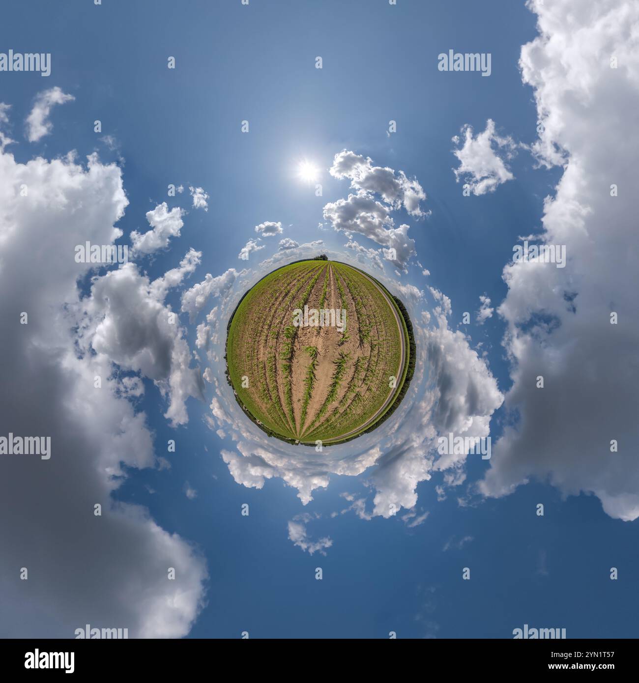 simple little tiny planet without buildings in blue sky with sun and ...