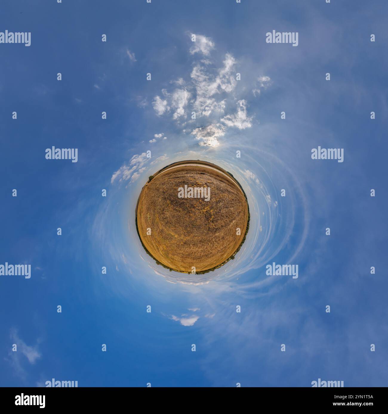 simple little tiny planet without buildings in blue sky with sun and ...