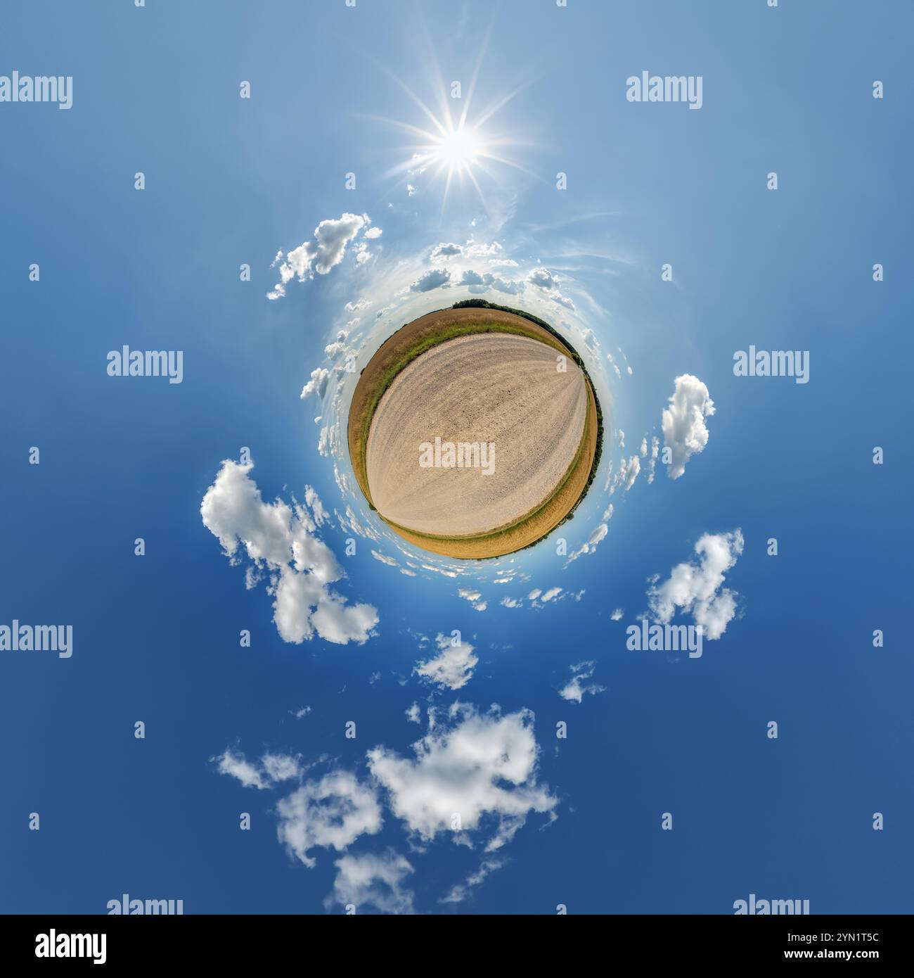 simple little tiny planet without buildings in blue sky with sun and ...