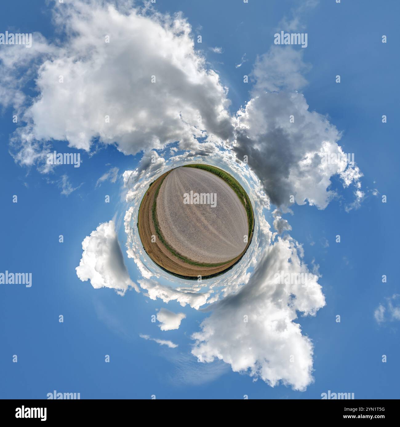 simple little tiny planet without buildings in blue sky with sun and ...
