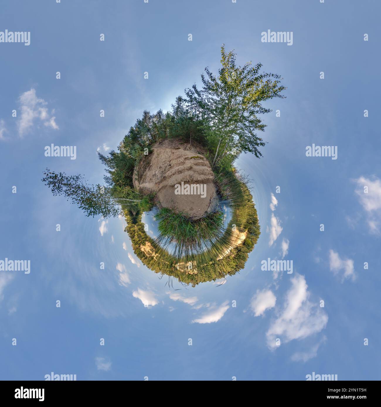 simple little tiny planet without buildings in blue sky with sun and ...