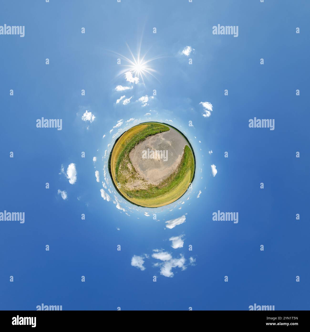 simple little tiny planet without buildings in blue sky with sun and ...