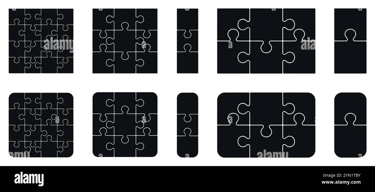 Puzzle pieces 2, 3x2, 3, 3x3, 4x4 isolated on white background. Vector ...
