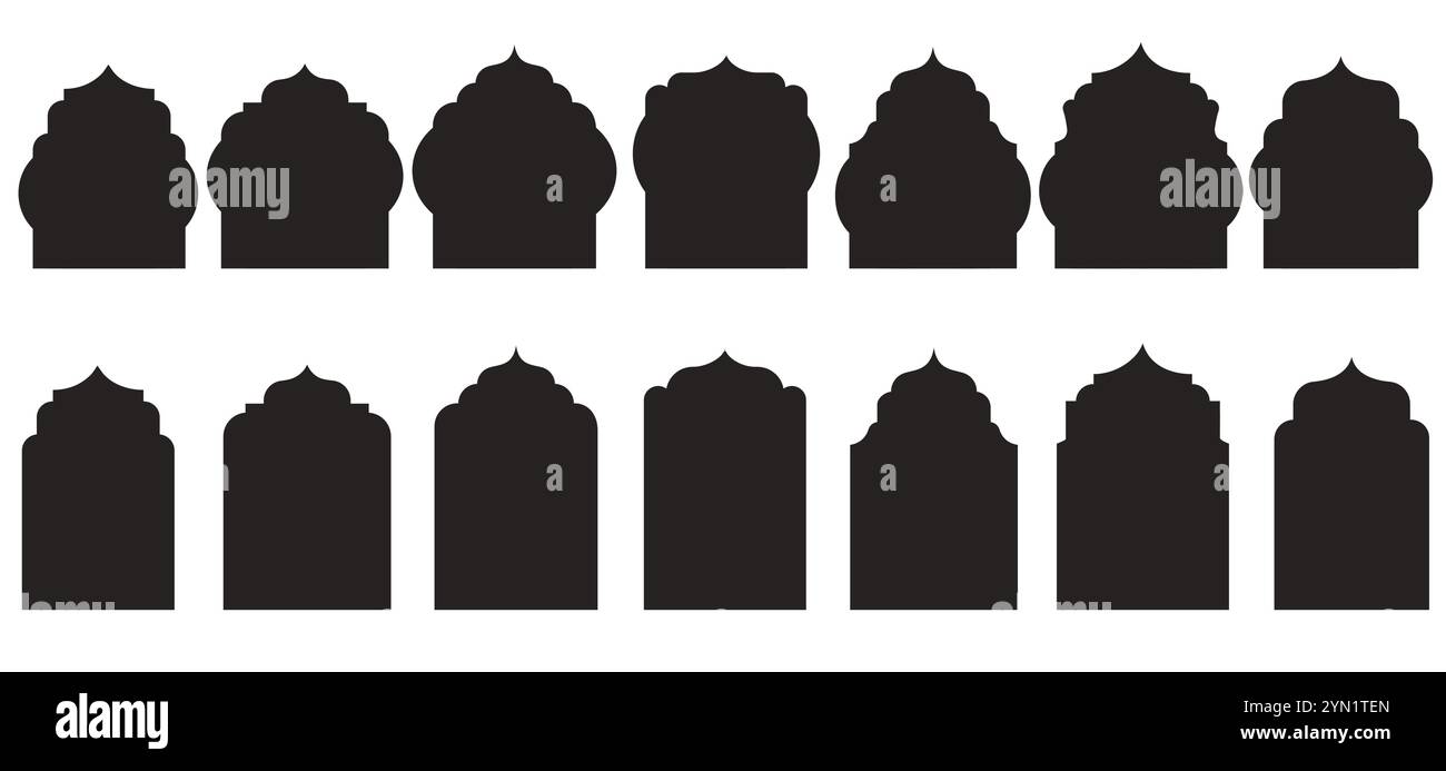 Set of Islamic windows, doors, frames in black. Collection of mosque ...