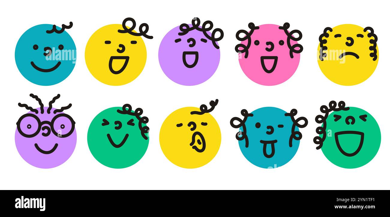 Colorful expressions of smiling faces with curly hair. Cute comic ...