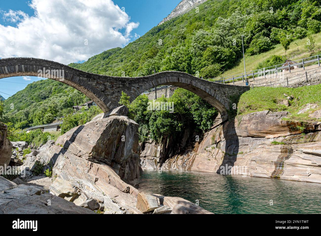 arched bridge over the river, historic bridge, green landscape from ...