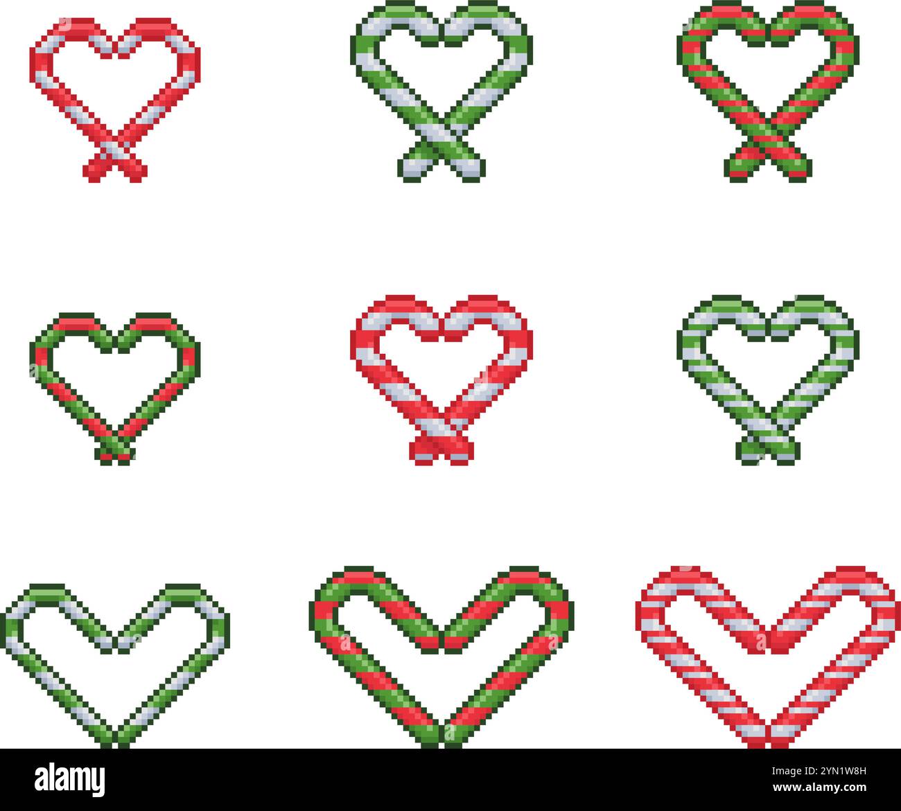 Pixel art candy cane heart collection. Festive illustration set of ...