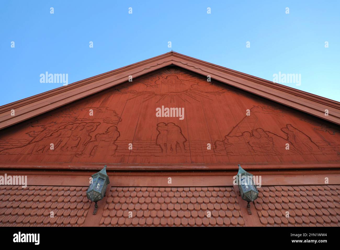 The pediment of the church of Kiruna, is seen in 2021, before its ...