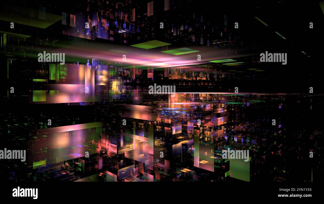 Colorful abstract shapes and patterns fill a dimensional space ...