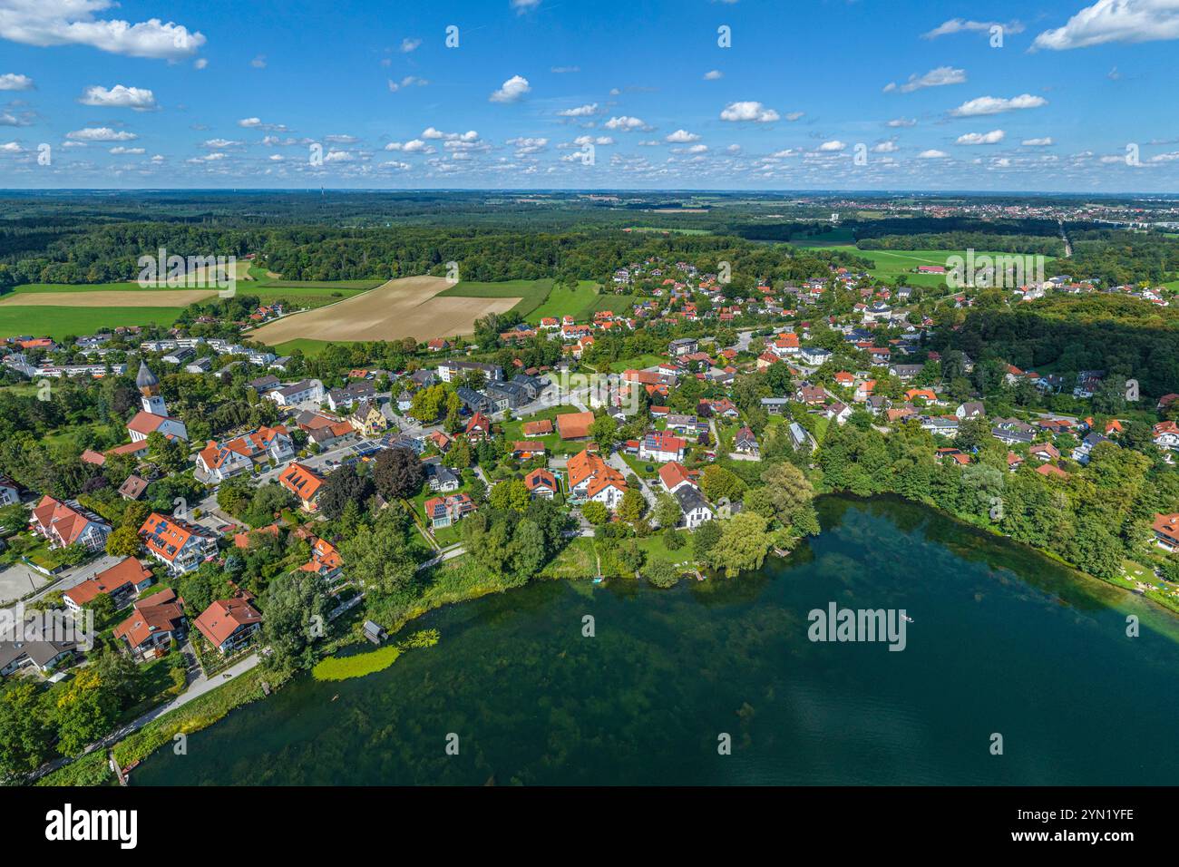 View of the municipality of Weßling in the Upper Bavarian Fünfseenland ...