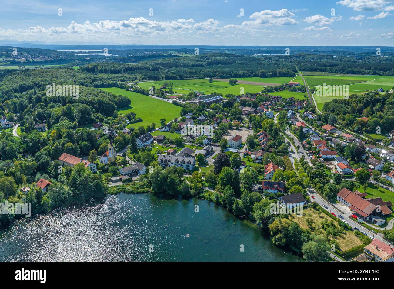 View of the municipality of Weßling in the Upper Bavarian Fünfseenland ...