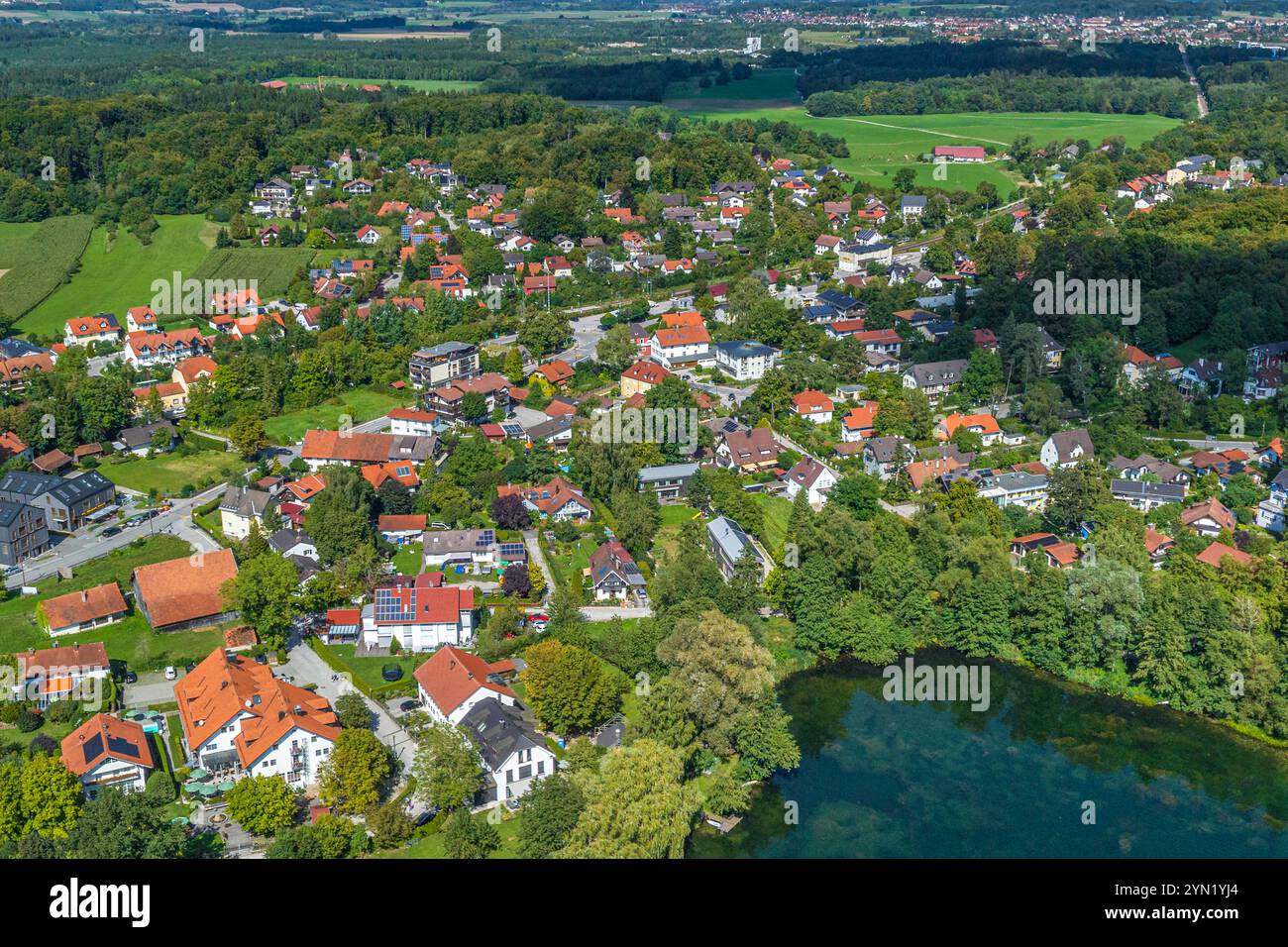 View of the municipality of Weßling in the Upper Bavarian Fünfseenland ...