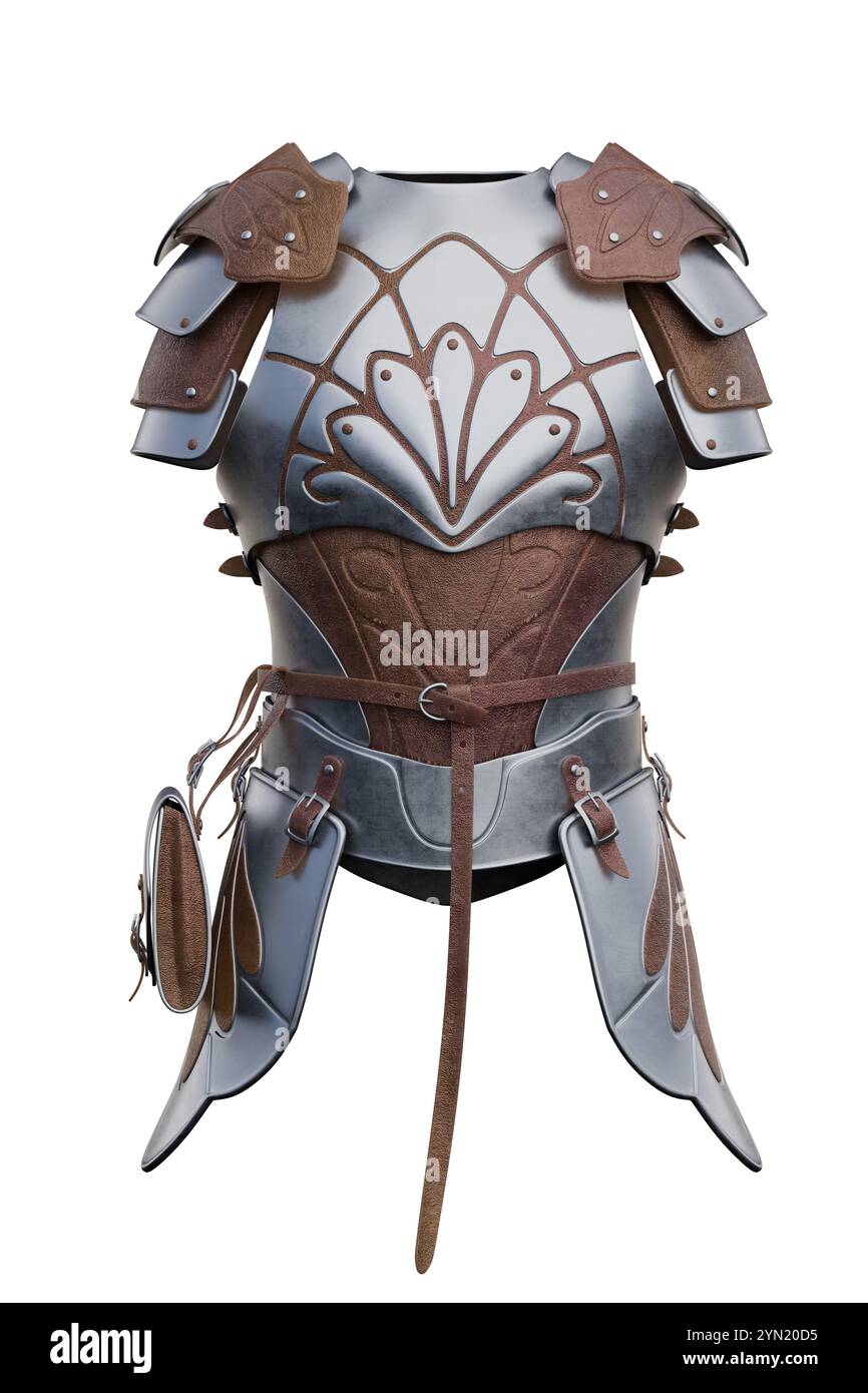 armor showcases an elaborate design with metallic plates and leather ...