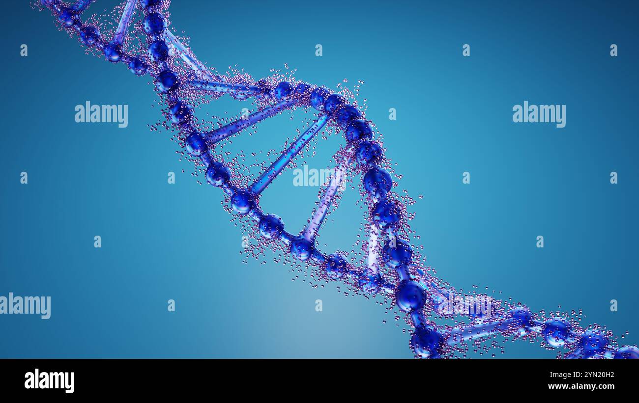 dynamic depiction shows a DNdouble helix, vividly colored in blue ...