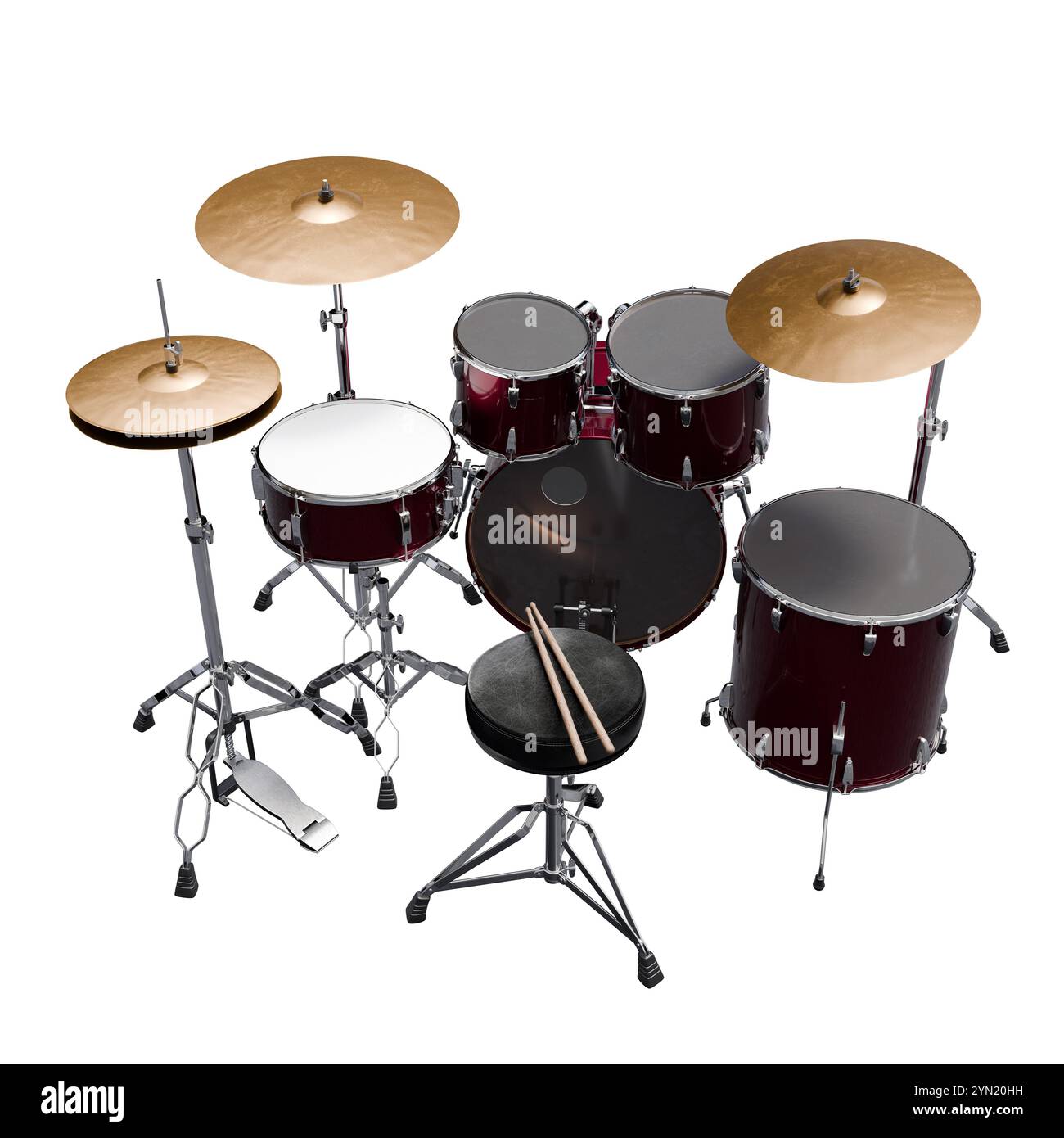 complete drum set featuring a bass drum, snare, toms, cymbals, and a sturdy stool. This setup is ...