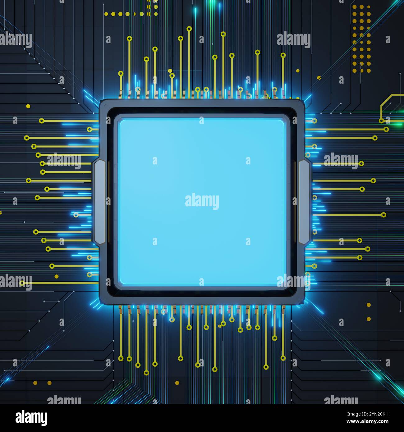 Brightly illuminated digital circuit board features a central processor ...