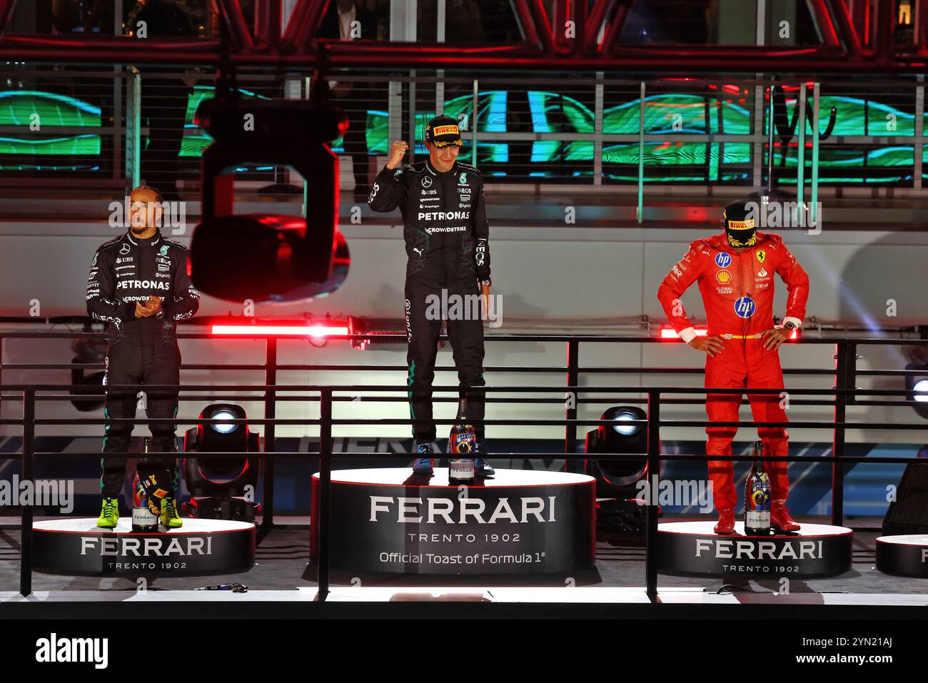 Las Vegas, USA. 23rd Nov, 2024. The podium (L to R): Lewis Hamilton ...