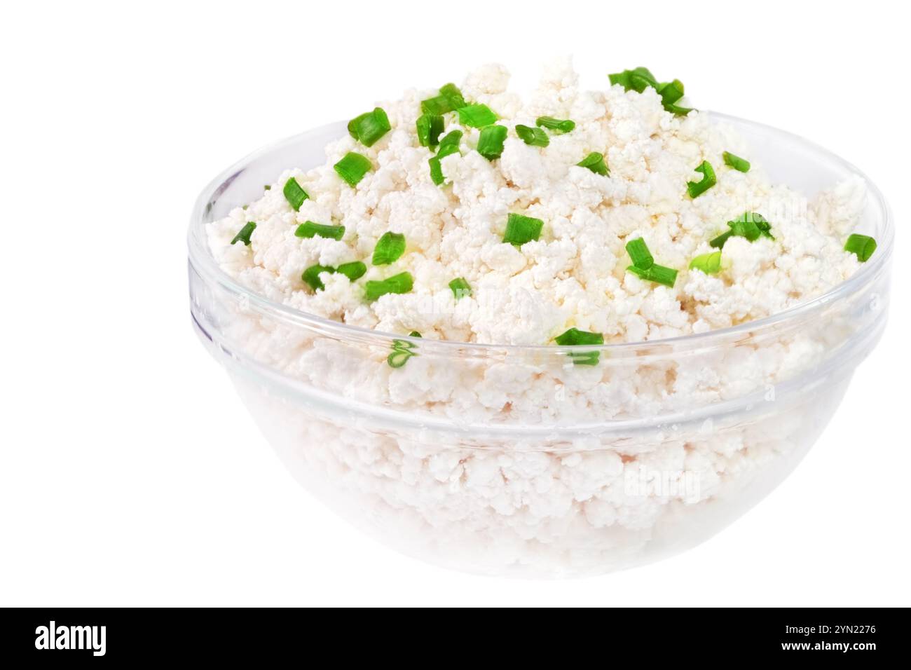 Fresh cottage cheese (curd) in glass bow, isolated on white background ...