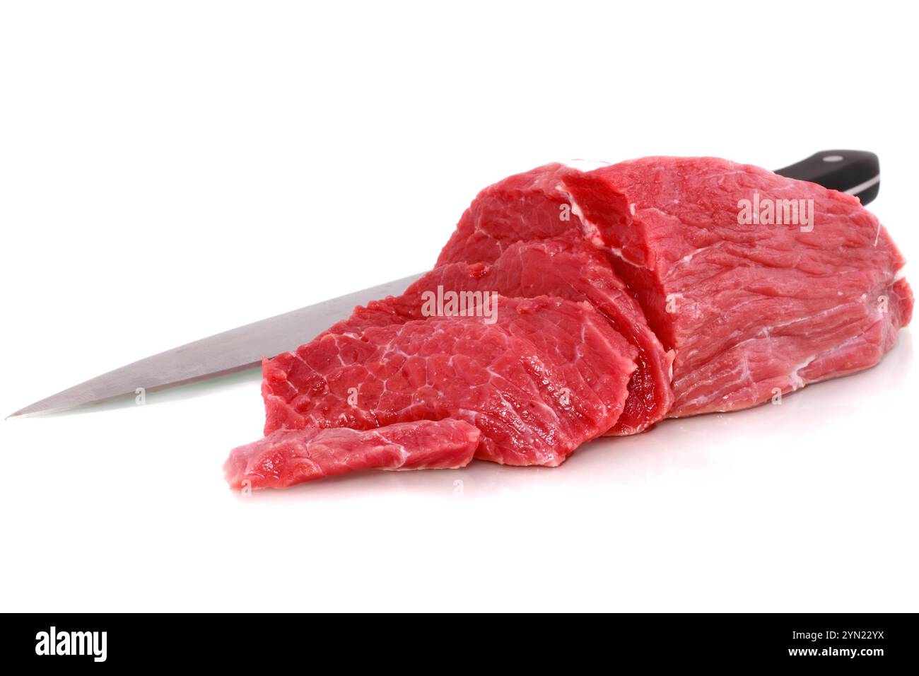 Cut of beef steak with knife Isolated Stock Photo - Alamy