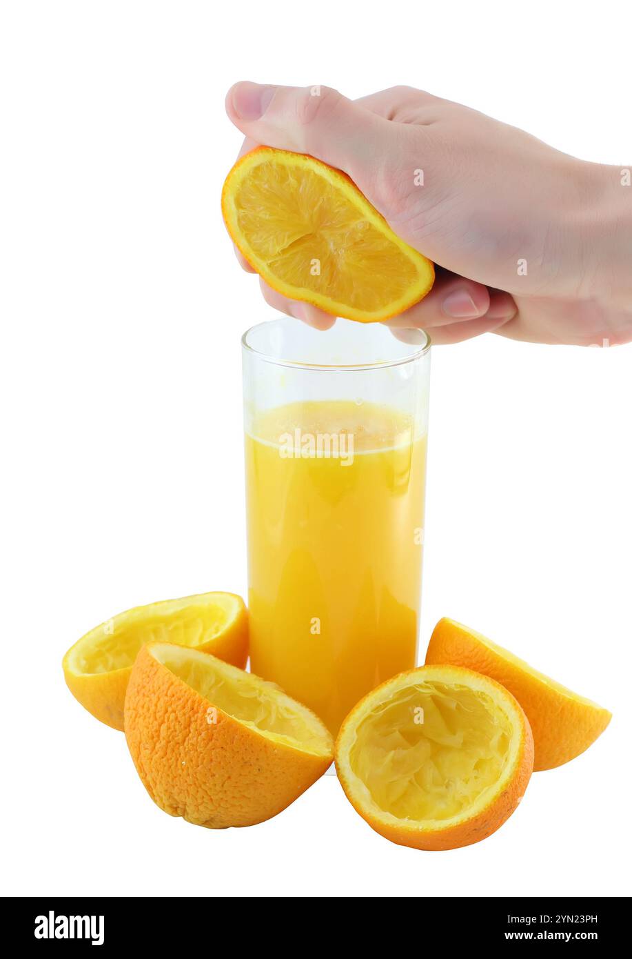 Glass of orange juice with hand, squeeze of orange. Isolated Stock ...