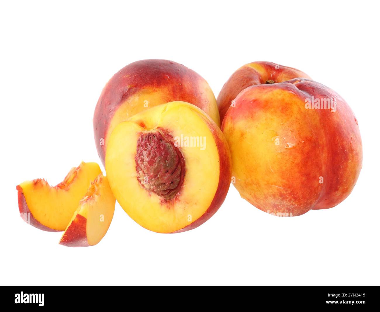 A few peaches with slice of one, on white background. Isolated Stock ...