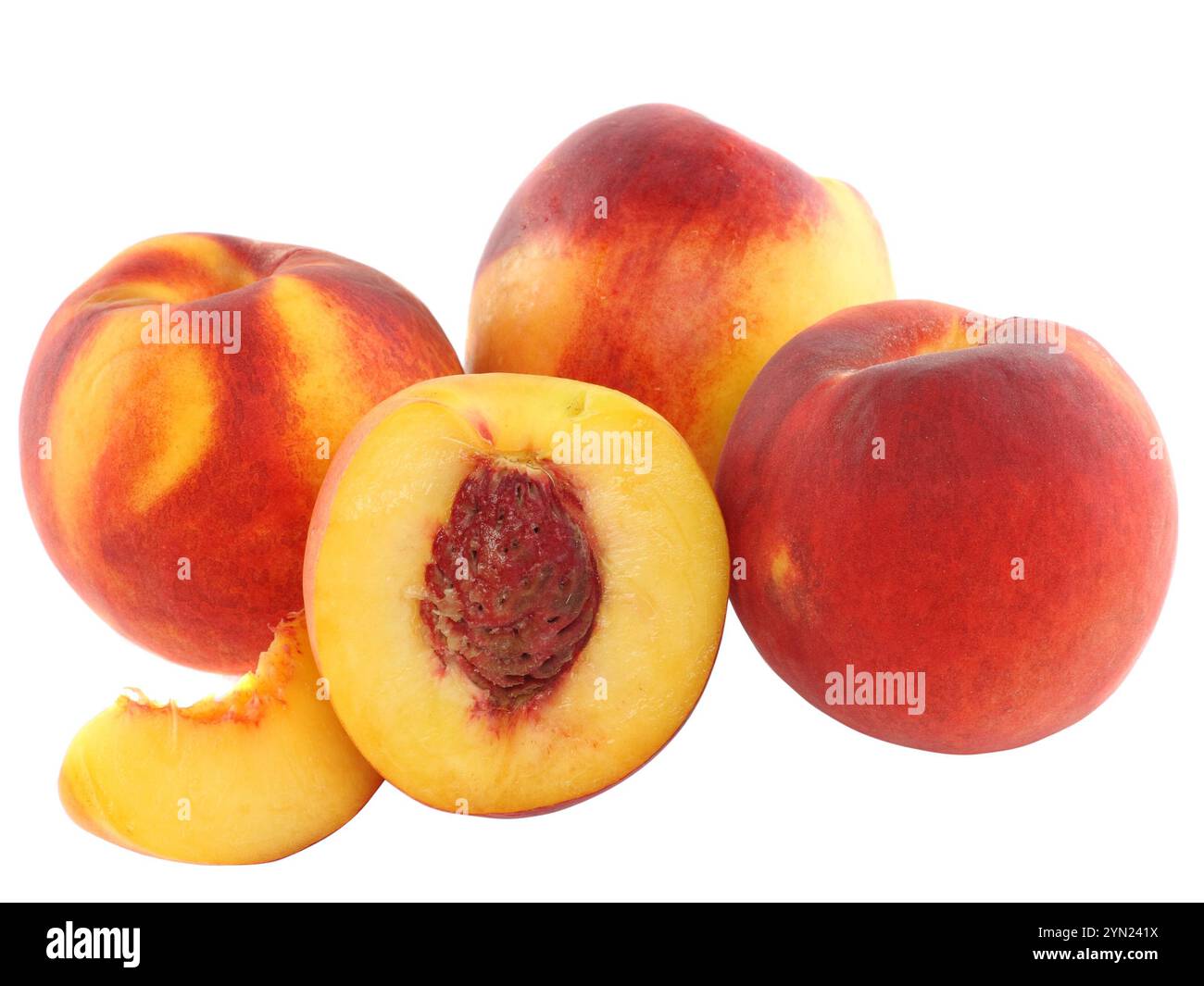 A few peaches with slice of one, on white background. Isolated Stock ...