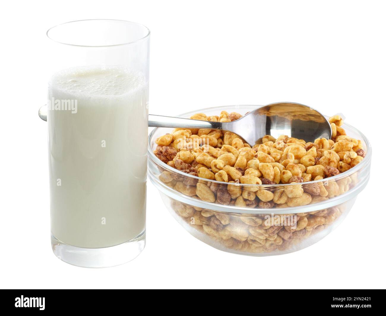 Fragment of milk's glasses with bowl cold cereal flakes. Isolated Stock ...