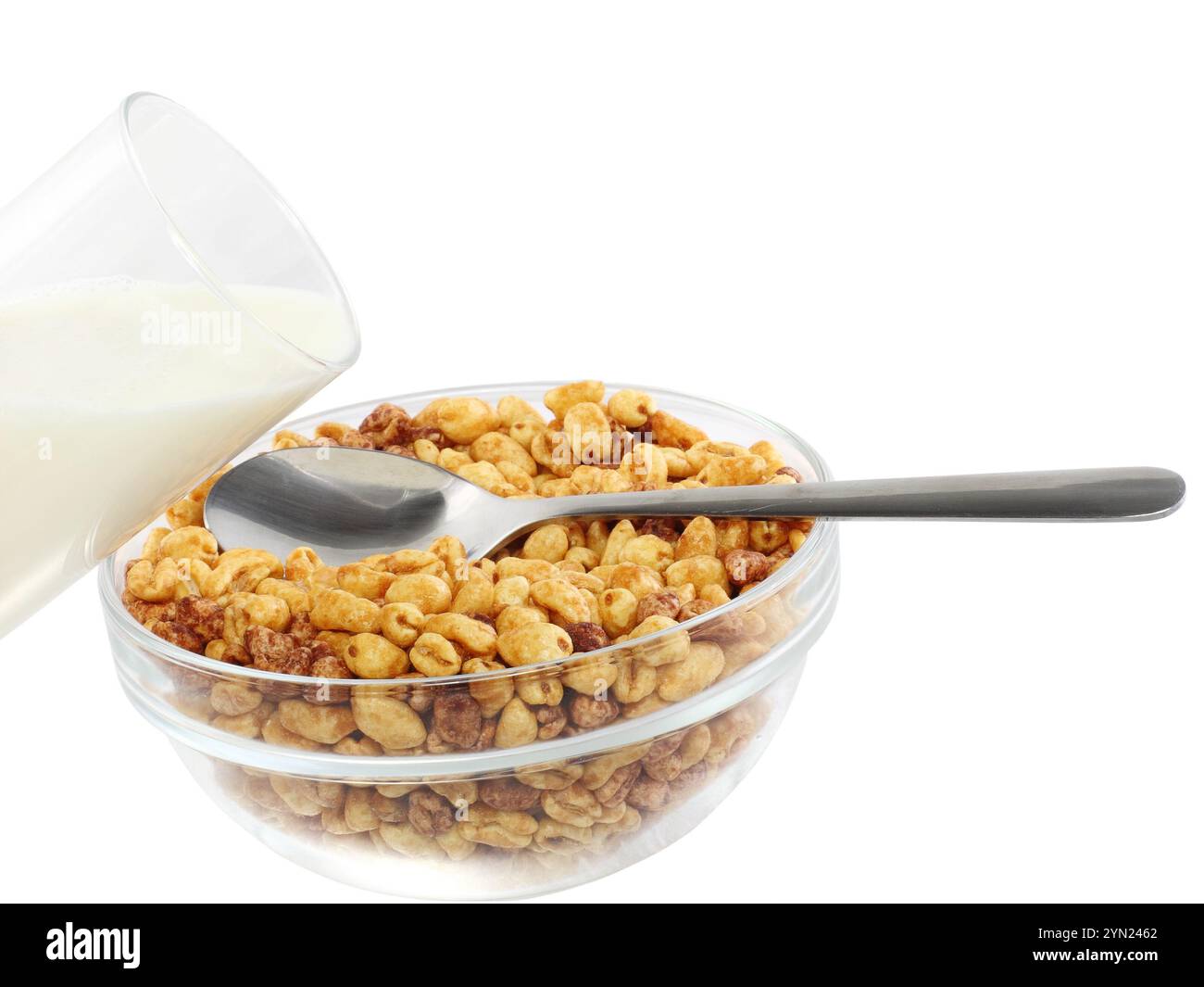 Fragment of milk's glasses with bowl cold cereal flakes. Isolated Stock ...
