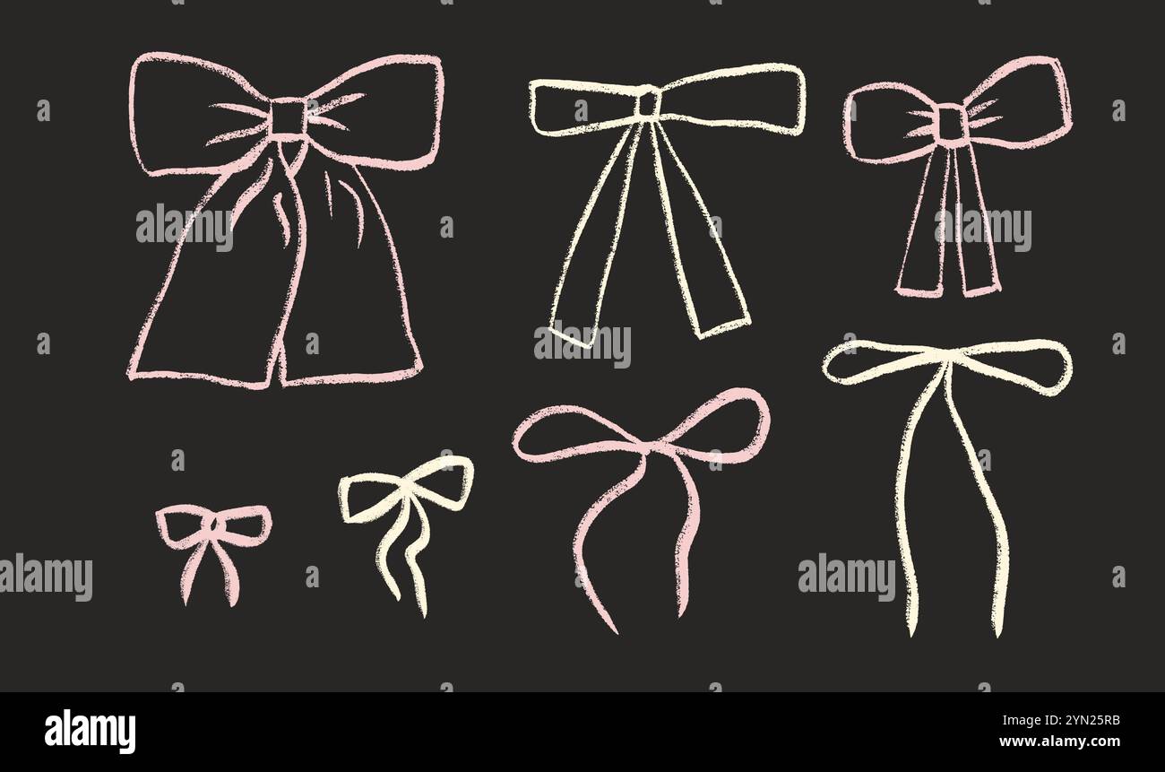 Crayon bows and ribbons set. Chalk holiday decoration pack on black ...