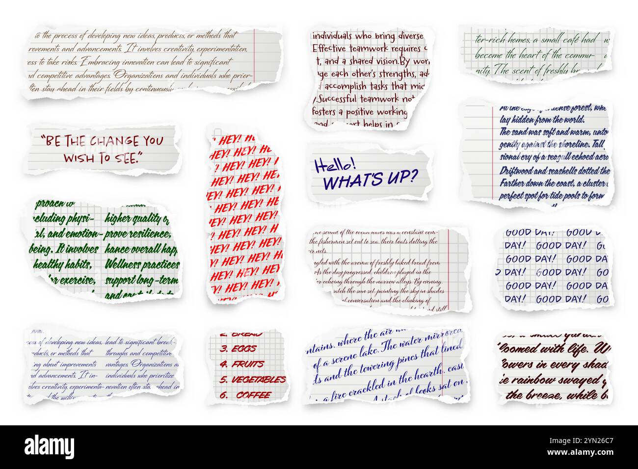 Ripped paper strips with handwritten text. Realistic crumpled paper ...