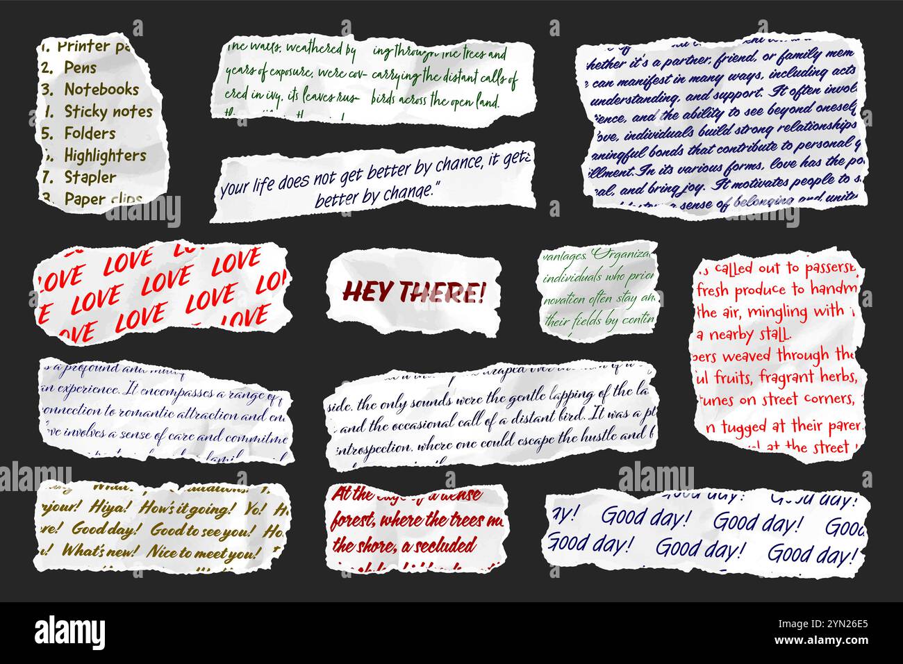 Ripped paper strips with handwritten text. Realistic crumpled paper ...