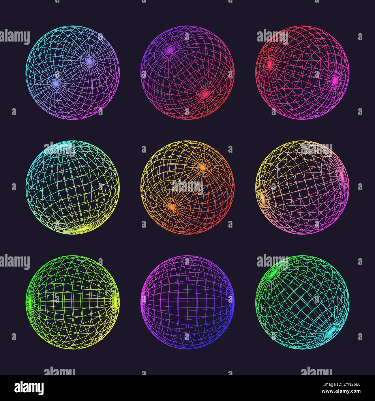 Neon wireframe shapes, lined sphere. Perspective mesh, 3d grid. Low ...