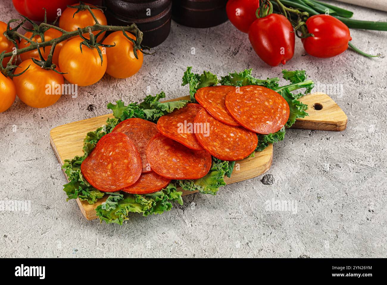 Spanish salami cured chorizo sausage slices Stock Photo - Alamy
